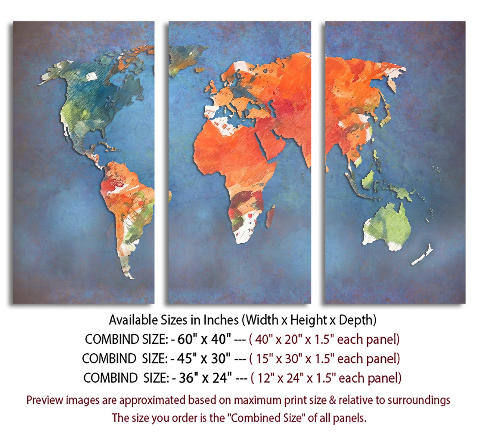 3 Panel Split Abstract World Map Canvas Print1.5 Deep | Etsy