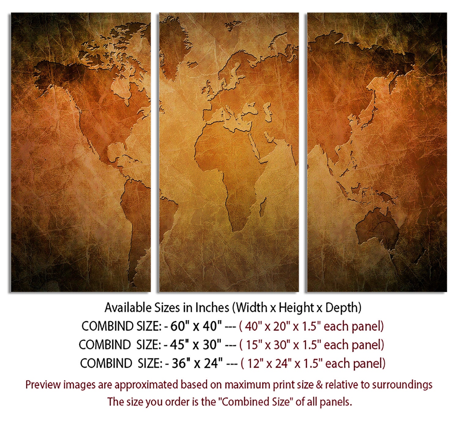 3 Panel Split Abstract World Map Canvas Print1.5 deep | Etsy