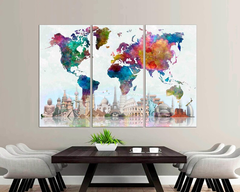 3-panel World Map Canvas Art, Watercolor Landmarks, Ready to Hang - Etsy