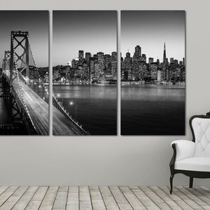 SF Golden Gate Bridge, Black and White, 3 Panel Split Canvas Triptych ...