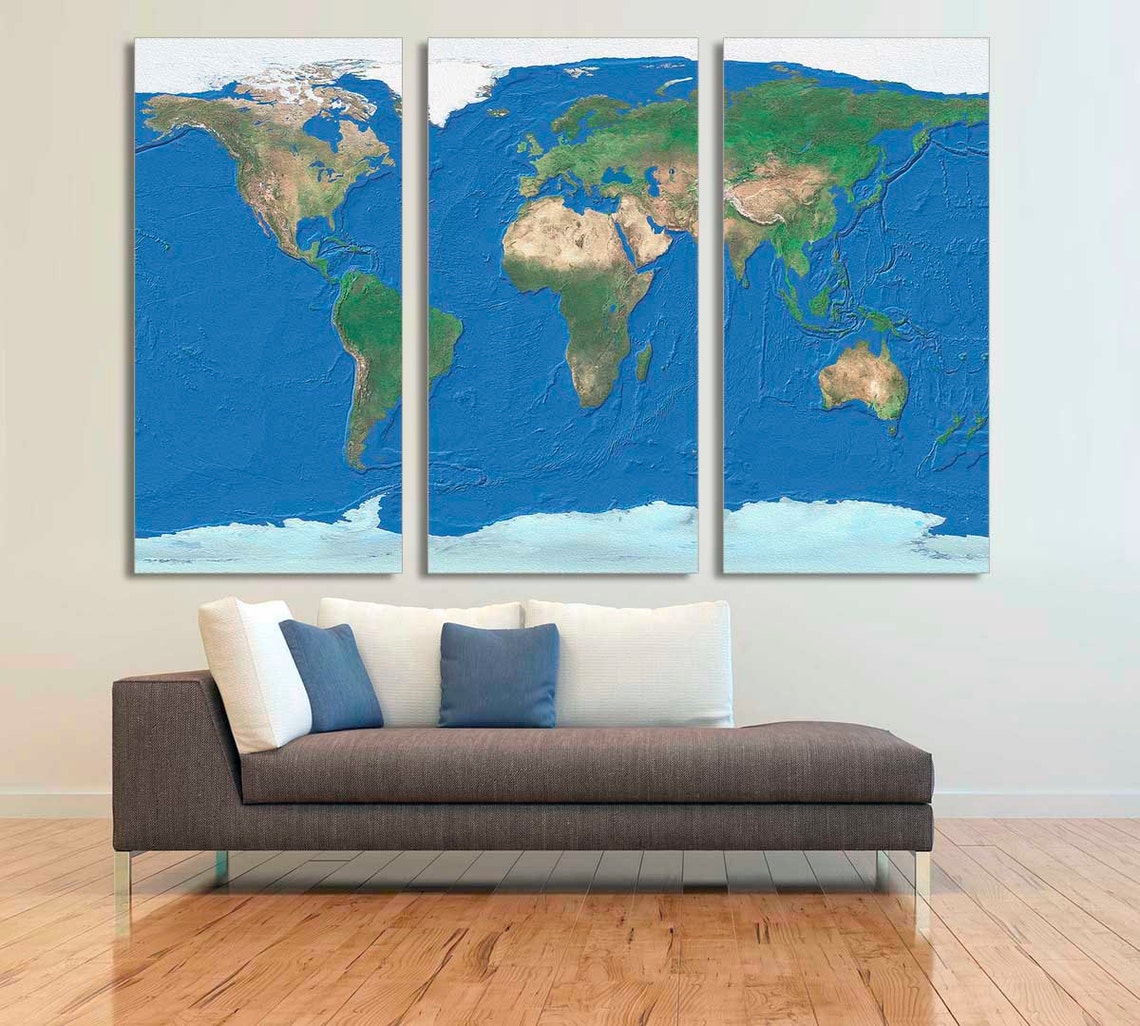 3 Panel Split World Map Canvas Print. Digitally Bubble Texture - Etsy