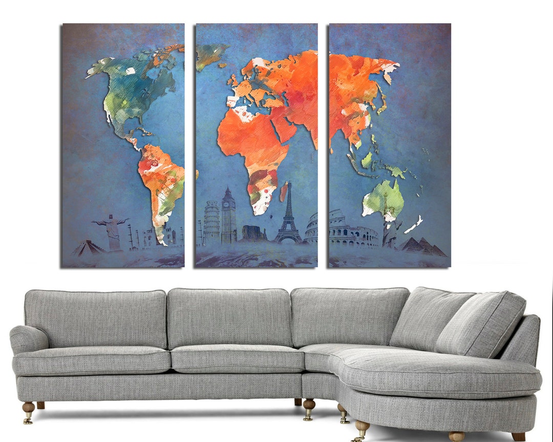Abstract World Map Canvas Print, Triptych Wall Art - Etsy