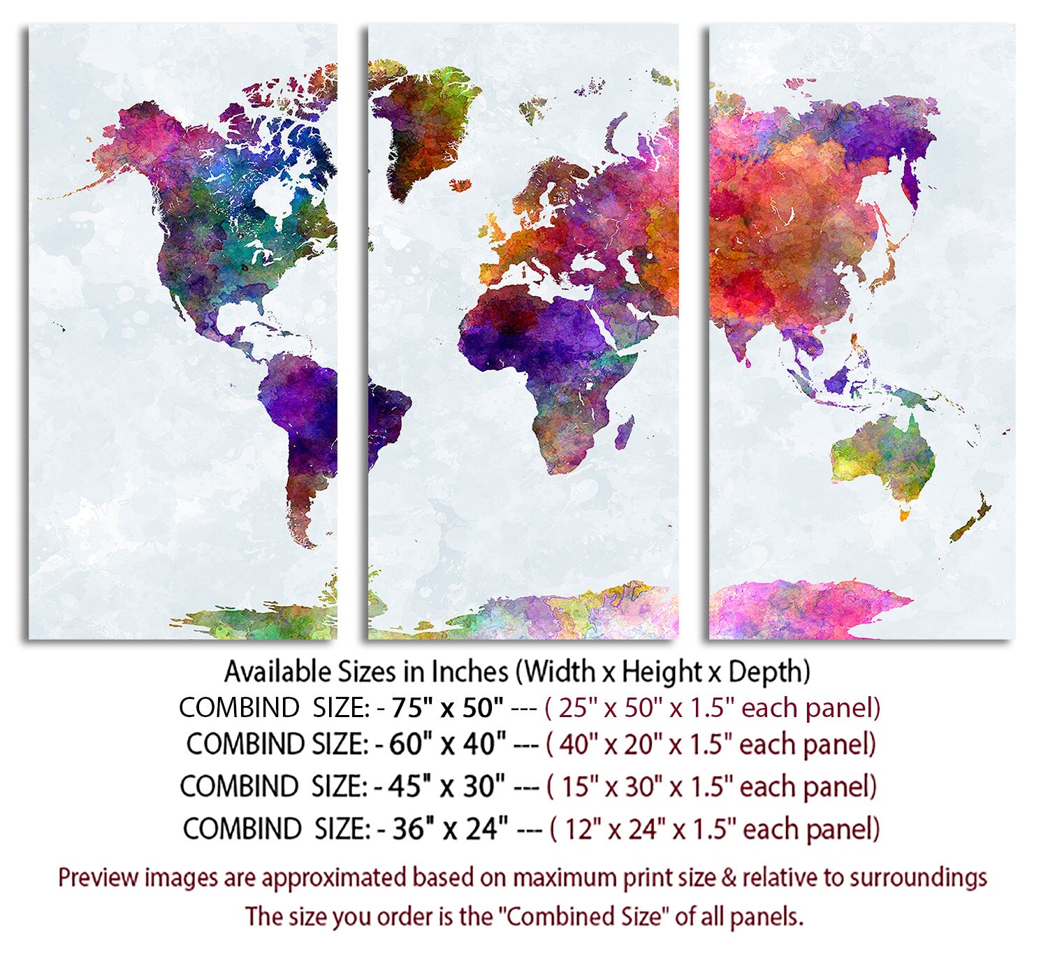 3 Panel Split Abstract World Map Canvas Print1.5 deep | Etsy