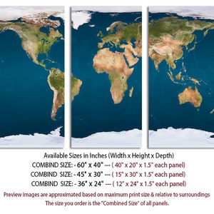 3 Panel Split World Map Canvas Print,1.5 Deep Frames,triptych, World ...