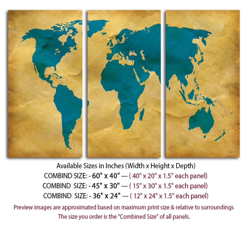 3 Panel Split Abstract World Map Canvas Print1.5 Deep - Etsy