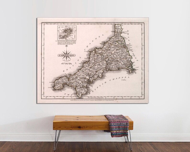 Antique Map of Cornwall England, Scilly Isles, Canvas Print Ready to ...
