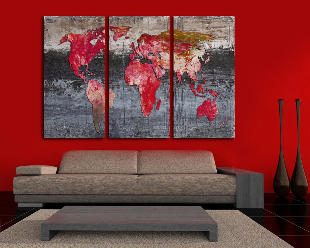 Abstract World Map Canvas Print, 3 Panel Split, Home Office Decor - Etsy