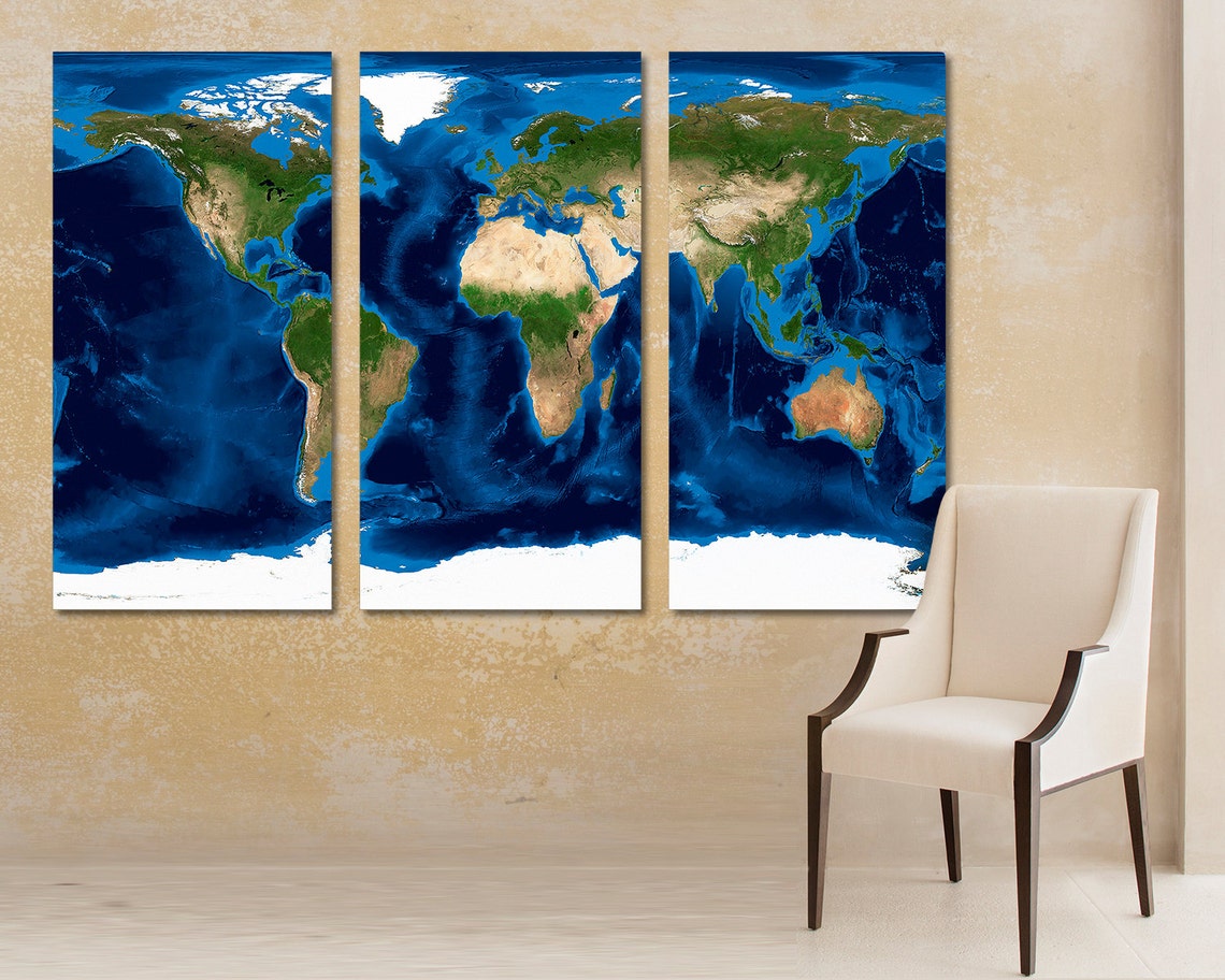 3 Panel Split World Map From Space Canvas Print1.5 - Etsy