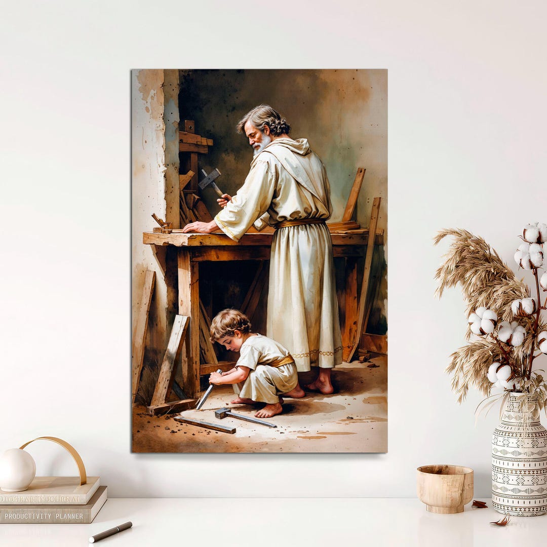 Baby Jesus Canvas Print – Young Jesus in Carpenter Shop, Catholic Wall ...