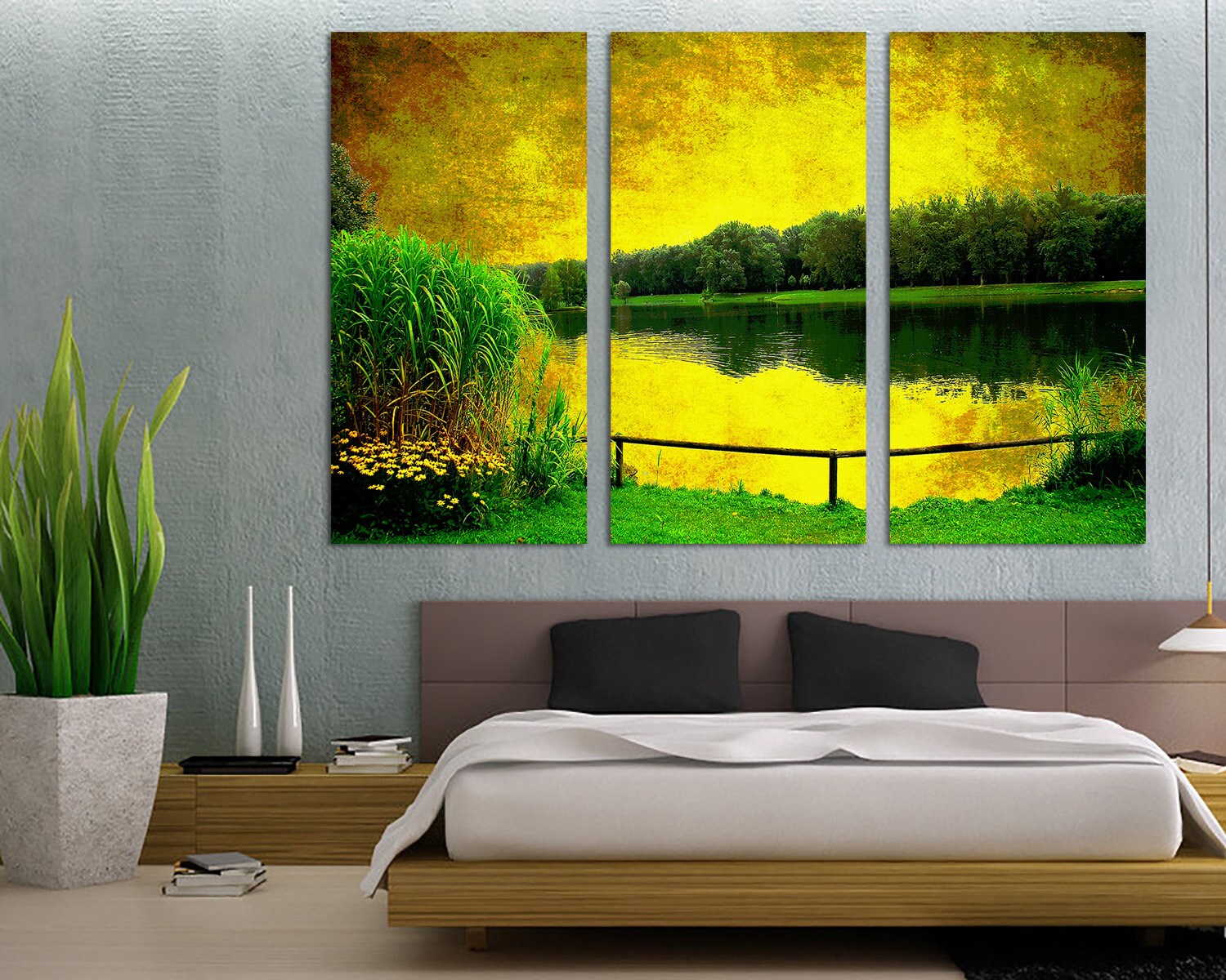 Green Forest River Triptych Canvas Print, Modern Wall Art - Etsy