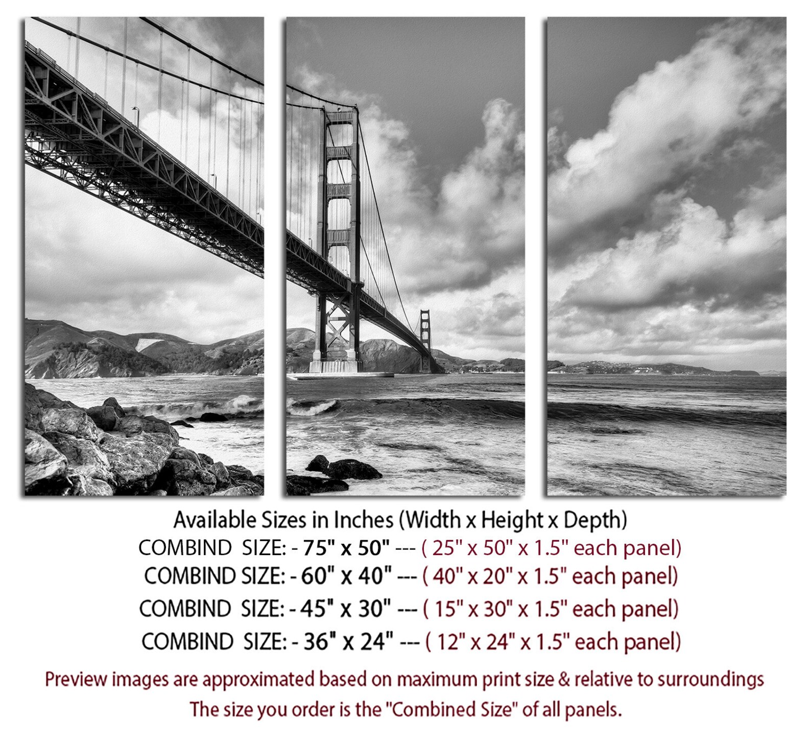 SF Golden Gate Bridge 3 Panel Split Canvas Triptych B&W | Etsy