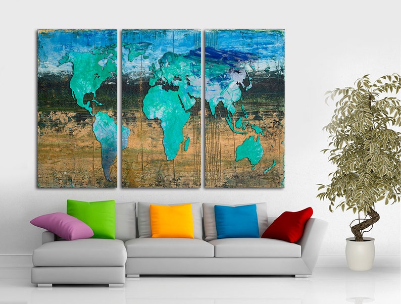 3 Panel Split triptych Abstract World Map Canvas Print. | Etsy