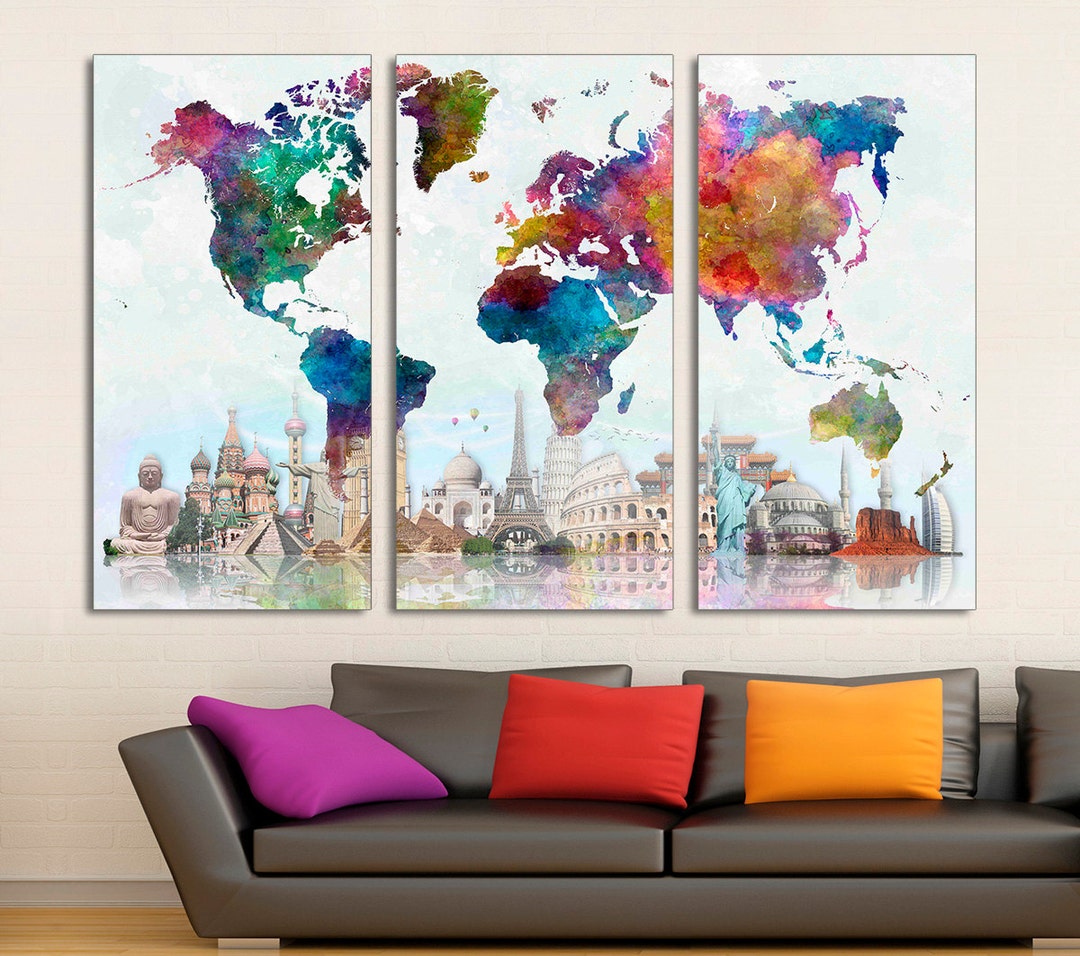 3 Panel Split Abstract World Map Canvas Print,1.5" Deep Frames,triptych ...