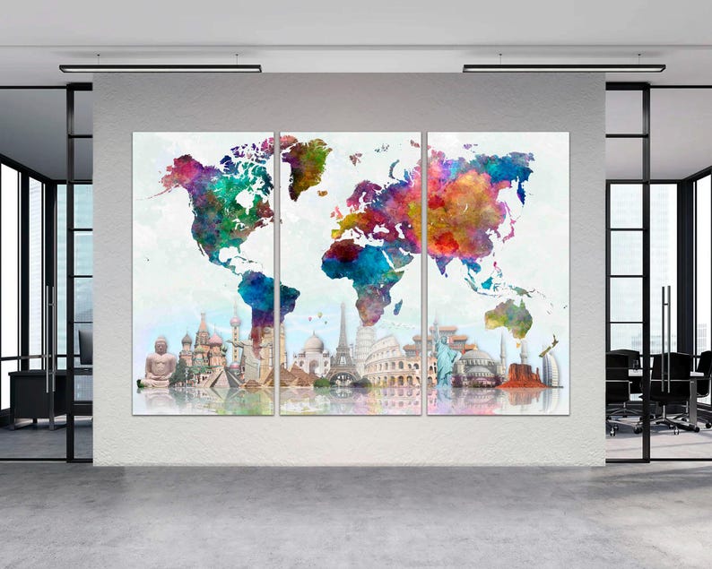 3-panel World Map Wall Art, World Map Office Art, World Map Canvas ...