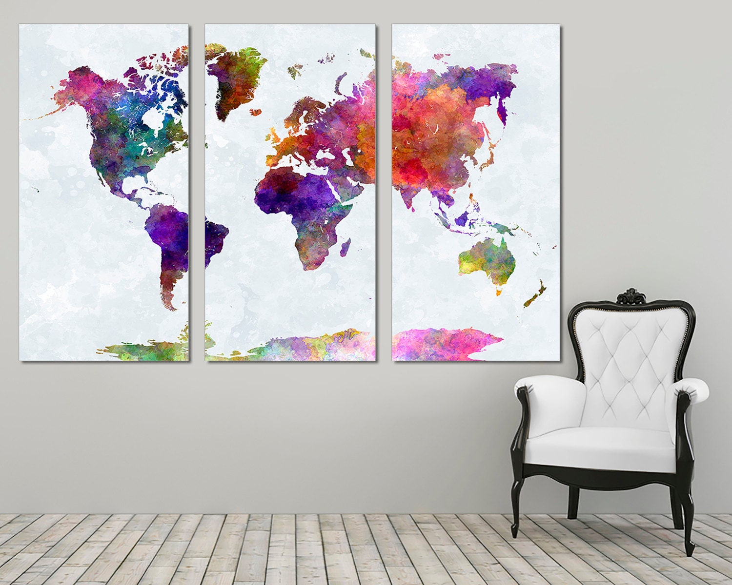 3 Panel Split Abstract World Map Canvas Print1.5 deep | Etsy