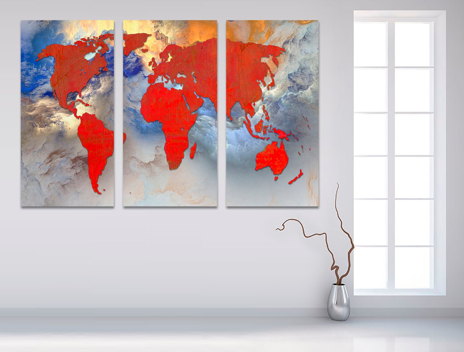 Abstract World Map Canvas Print, Red and Black, 3 Panel Art - Etsy
