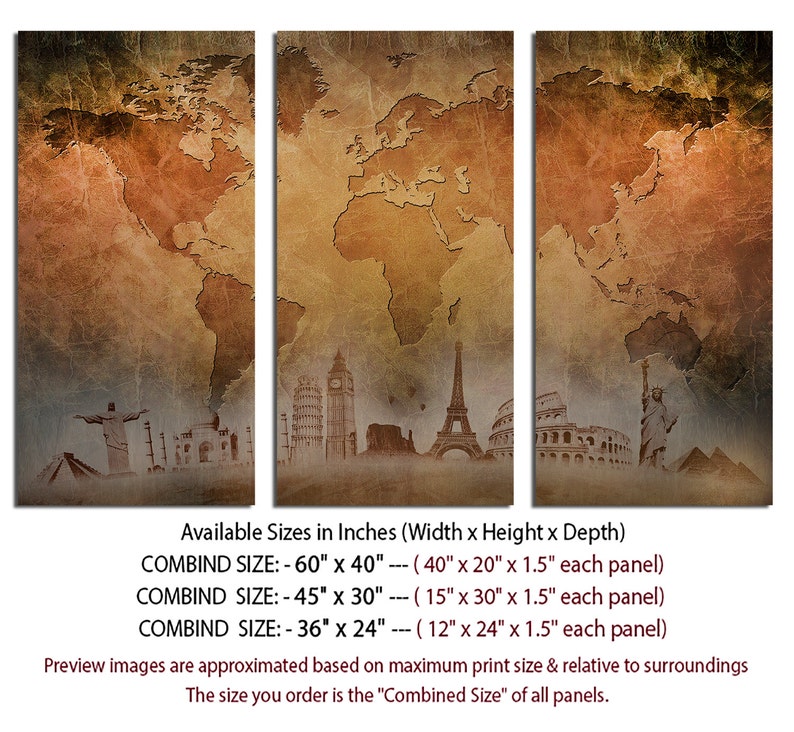 Abstract World Map Canvas Print, Triptych Wall Art - Etsy