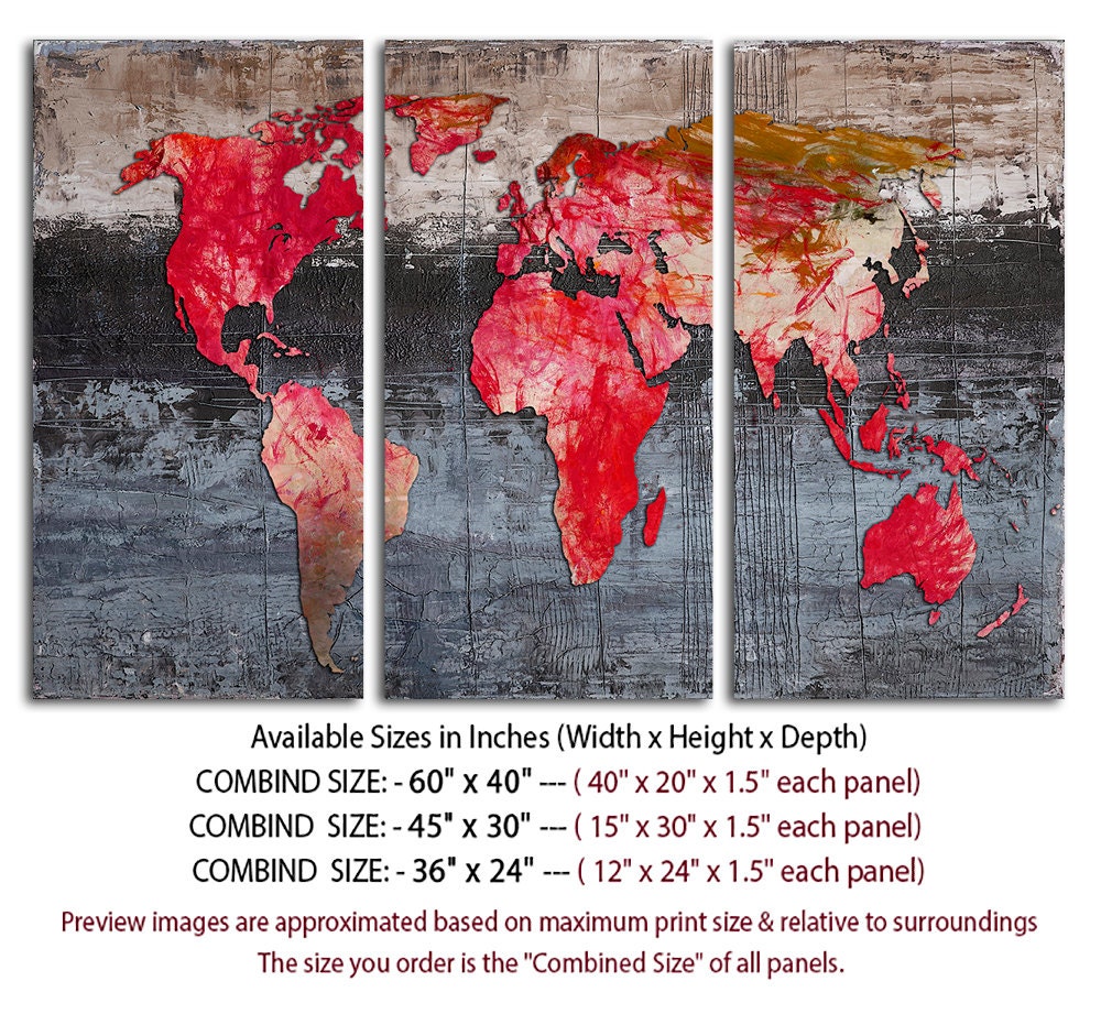 3 Panel Split Abstract World Map Canvas Print Abstract map | Etsy