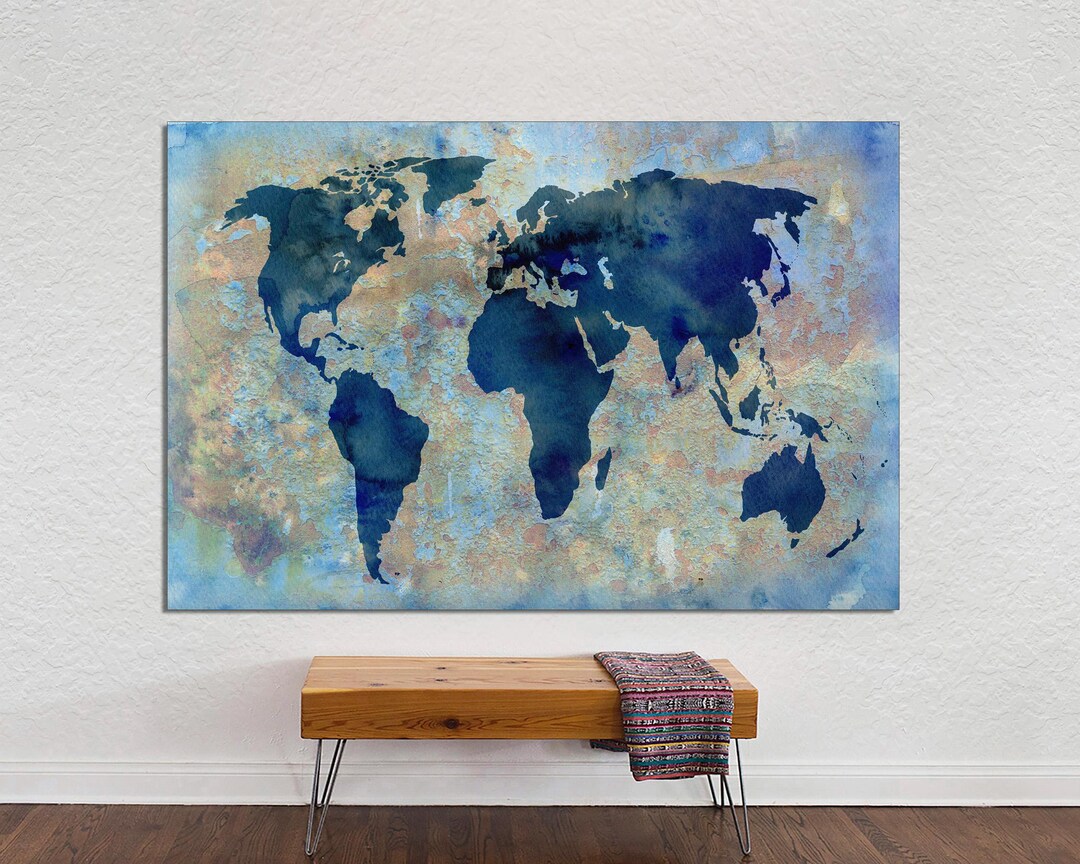 Vintage Abstract World Map Canvas Wall Art, Large Modern Map, World Map ...