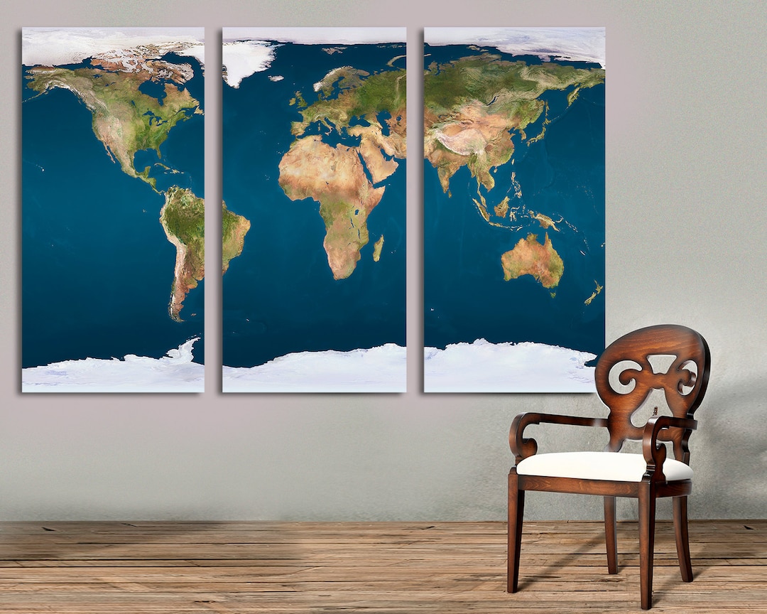 3 Panel Split World Map Canvas Print,1.5 Deep Frames,triptych, World ...