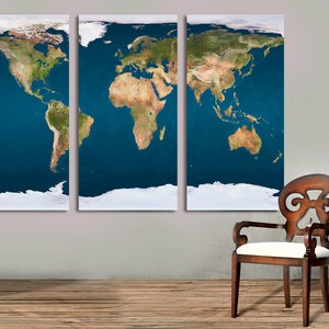 3 Panel Split World Map Canvas Print,1.5 Deep Frames,triptych, World ...