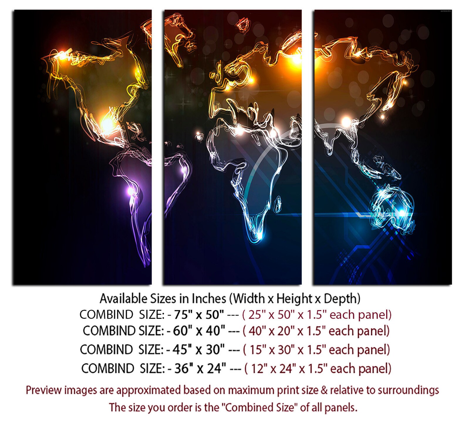 3 Panel Split Abstract World Map Canvas Print World Map Neon | Etsy
