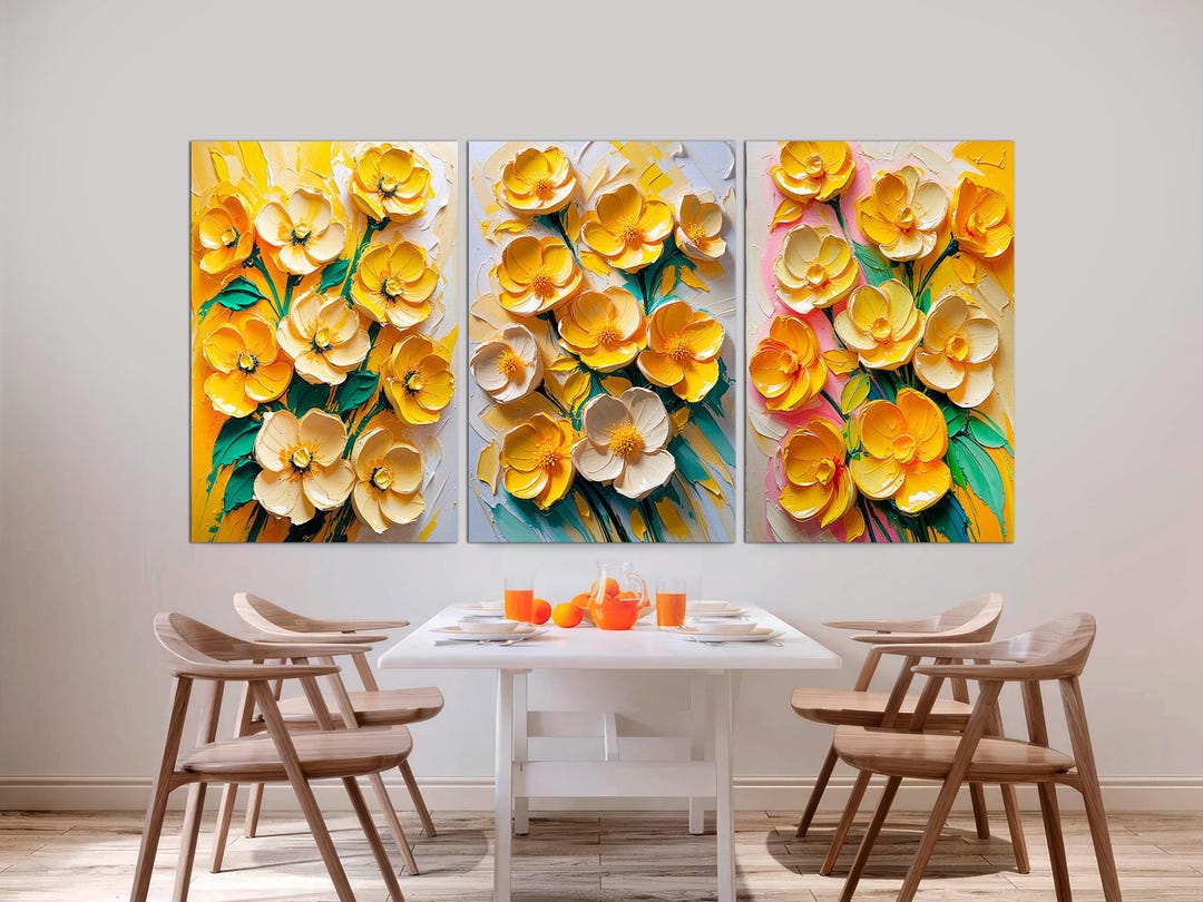 Yellow Abstract Flower Canvas Print, Modern Botanical Art, 3 Panel Set ...