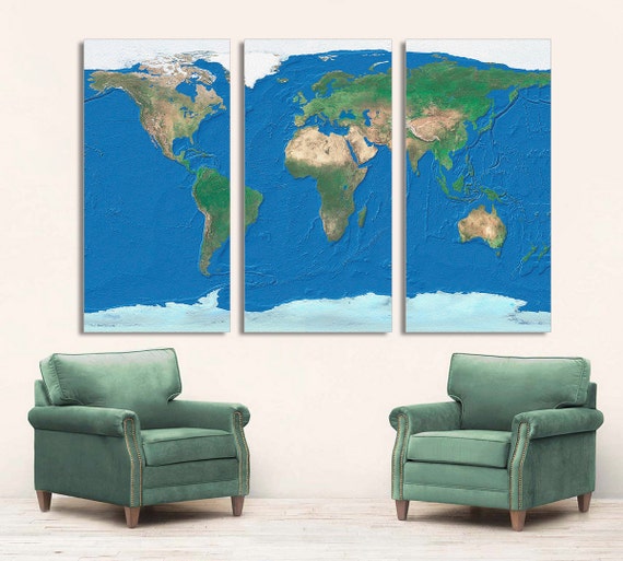 3 Panel Split World Map Canvas Print. Digitally Bubble Texture - Etsy