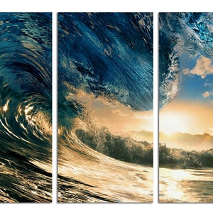 Blue Ocean Wave Canvas Print. 3 Panel Split Wall Art on 1.5" Deep ...