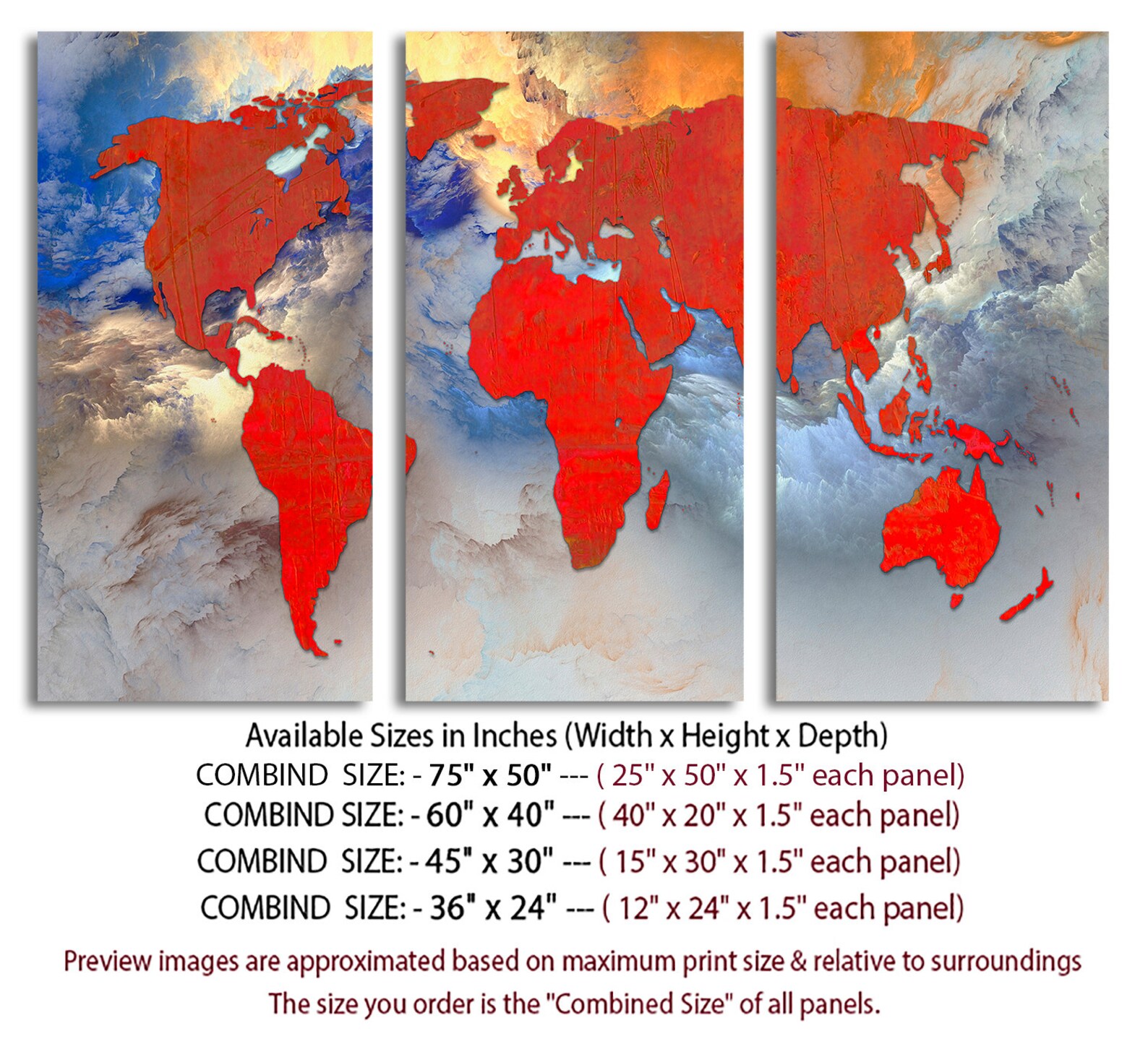 3 Panel Split Abstract World Map Canvas Print, Abstract Map (1.5" Deep ...