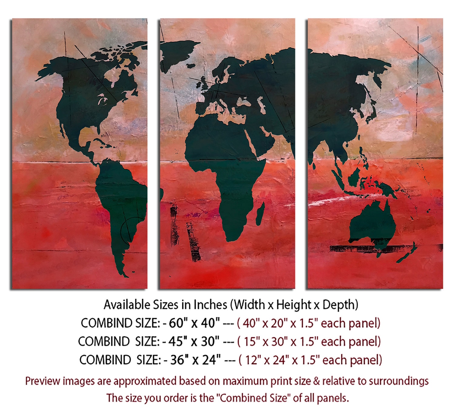 3 Panel Split Abstract World Map Canvas Print Abstract Map - Etsy