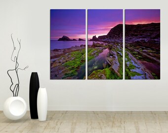 Beach during Sunset 3 Panel Split Sunset wall art Yellow and