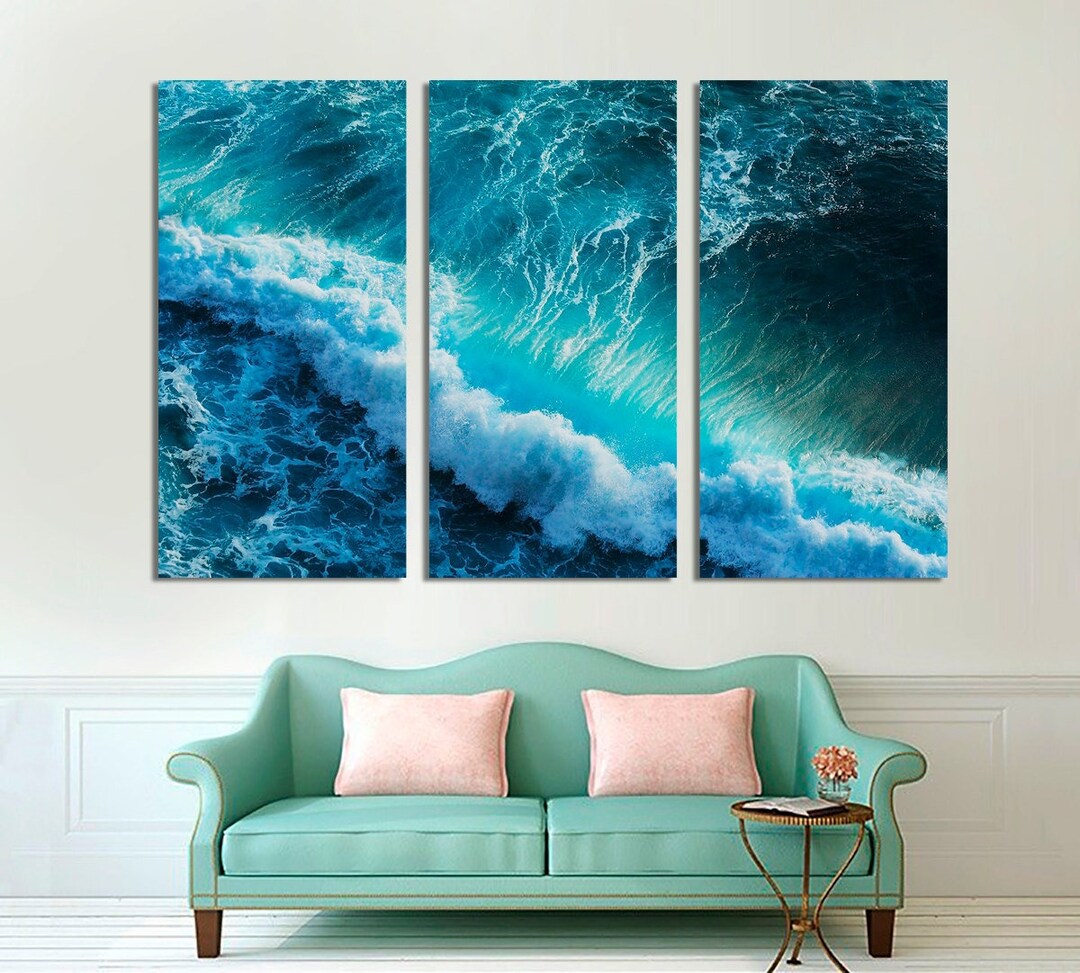 Blue Ocean Wave Ocean 3 Piece Wall Art, Coastal Wall Art, Ocean ...