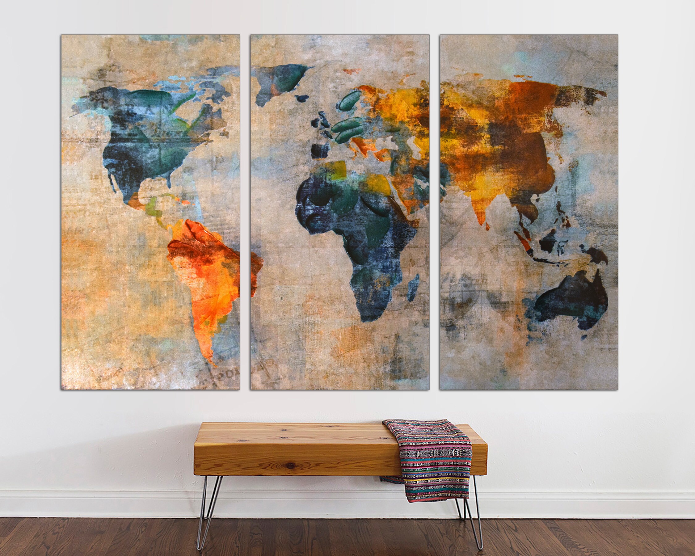 3 Panel Split Abstract World Map Canvas Print, World Map Art, Wall Art ...