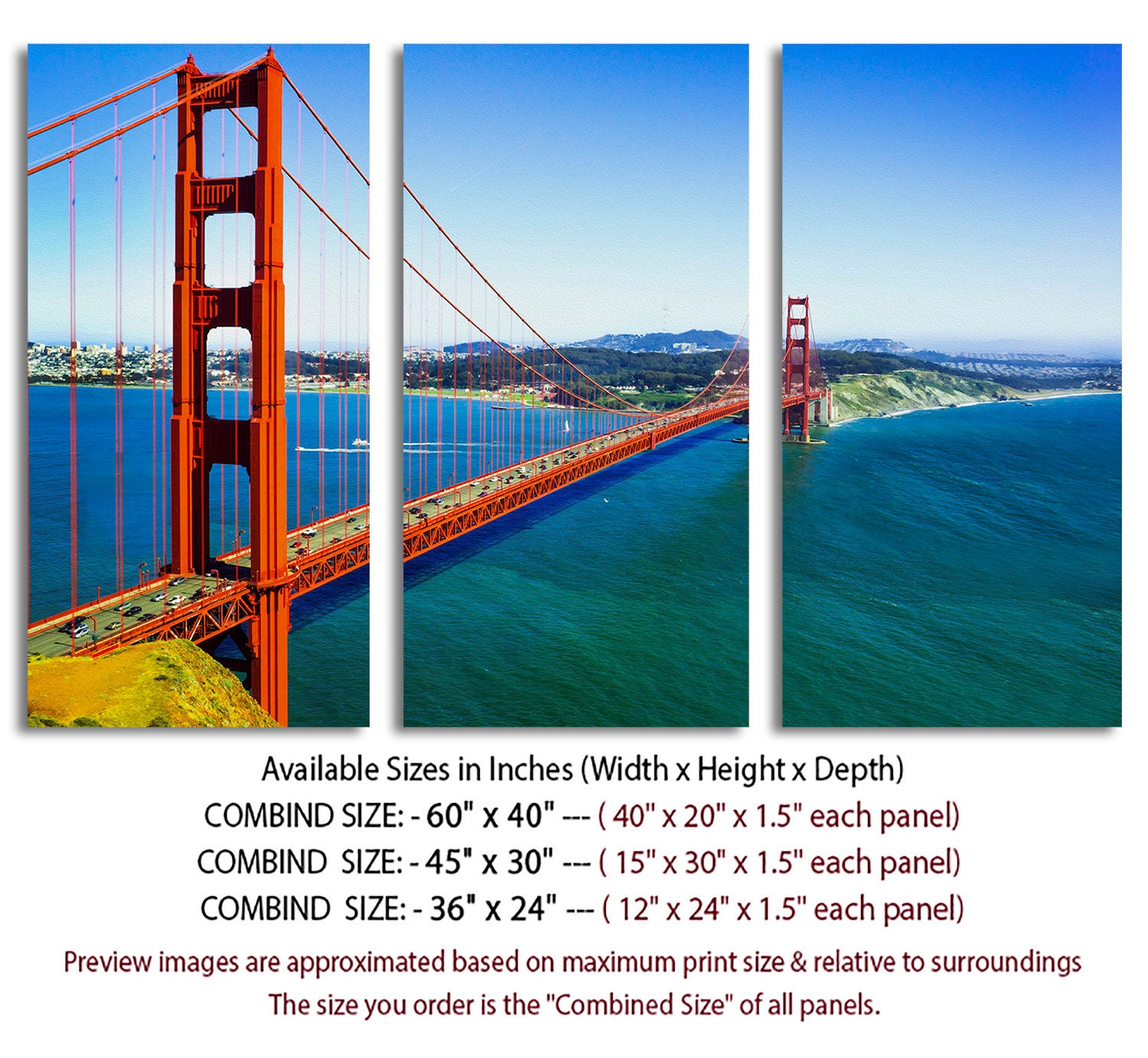 SF Golden Gate Bridge - 3 Panel Split Canvas Triptych, Canvas Art Print ...