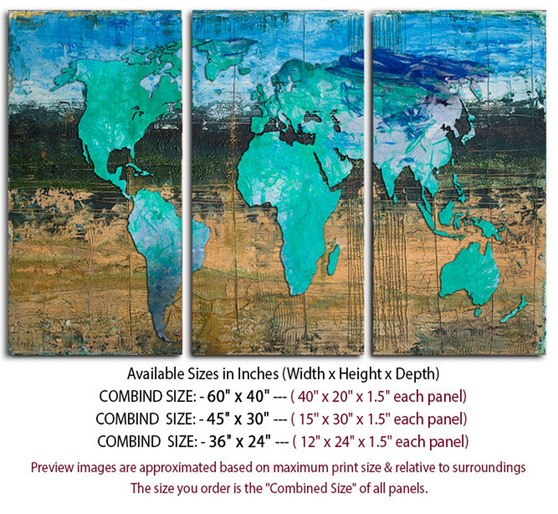 3 Panel Split triptych Abstract World Map Canvas Print. | Etsy
