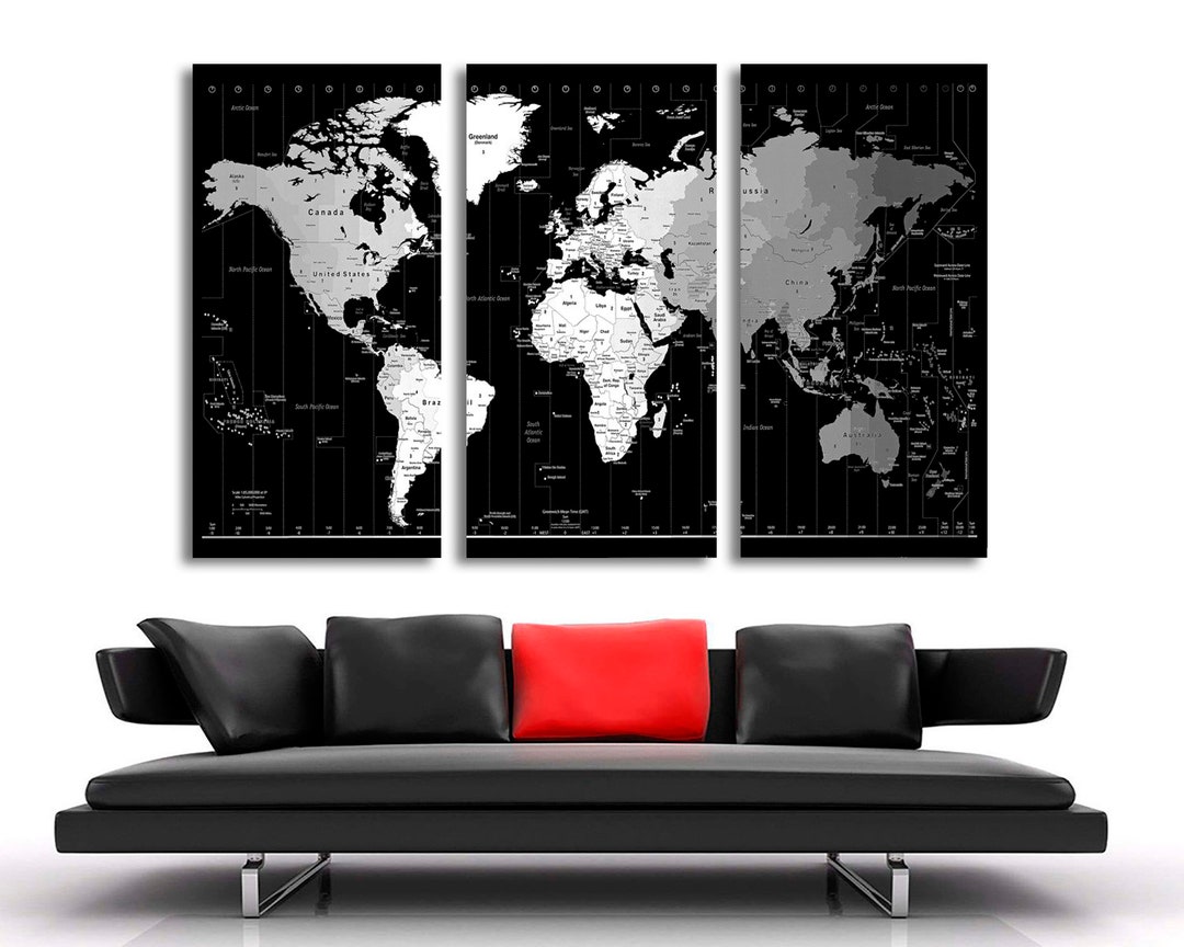World Timezone Map Wall Art Canvas Print, Deep Frames,triptych ...