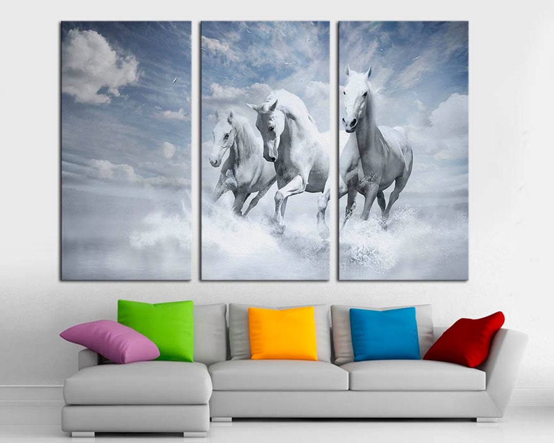 3 Panel Split triptych Canvas Print. 1.5 Deep Frames, White Wild Horses ...