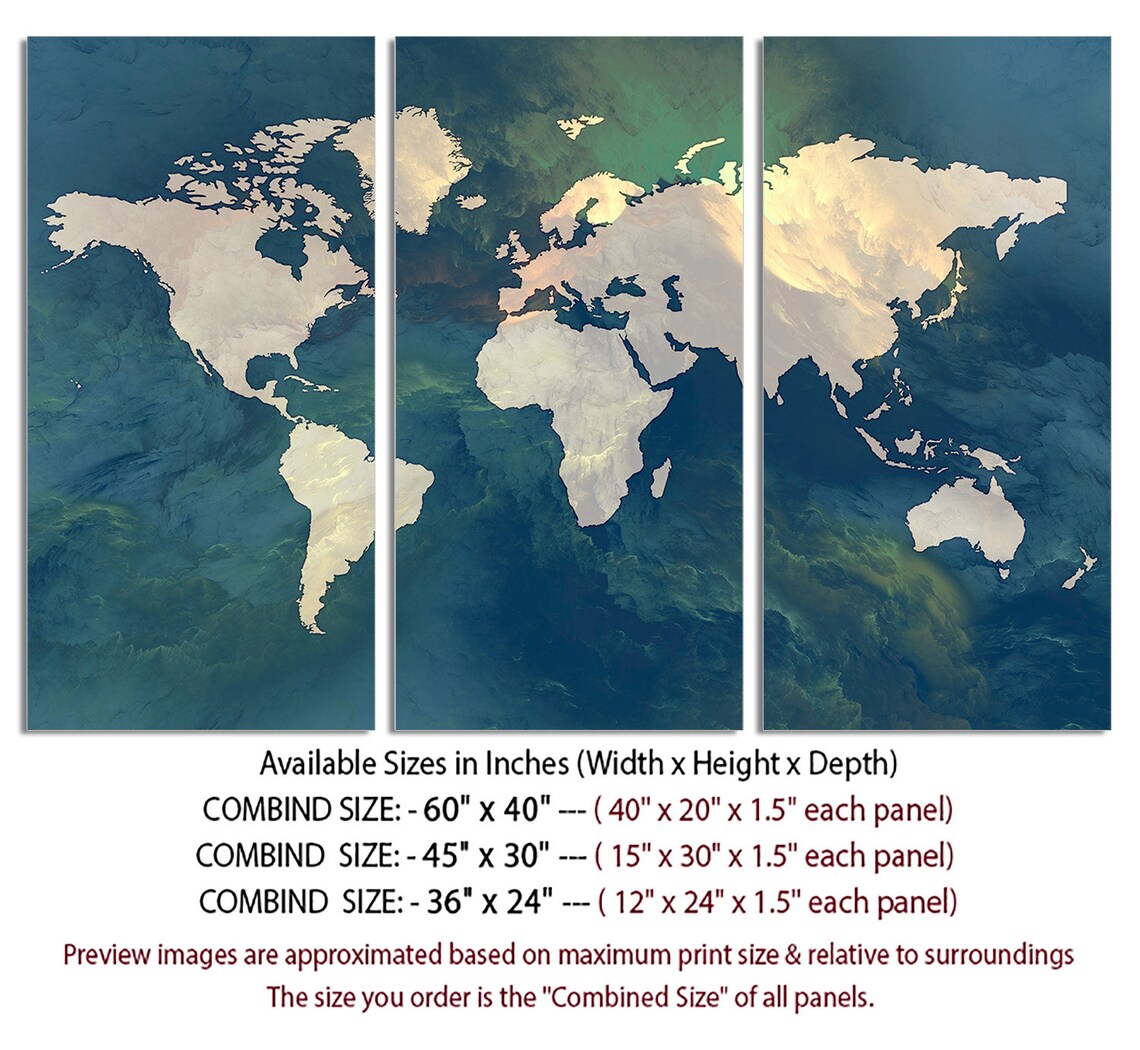 3 Panel Split Abstract World Map Canvas Print,1.5" Deep Frames,triptych ...