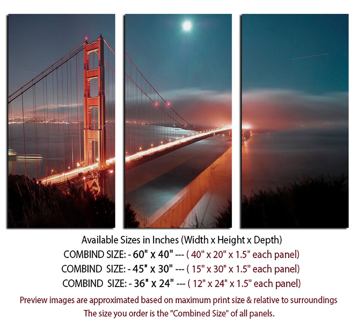 SF Golden Gate Bridge 3 Panel Split Canvas Triptych Canvas | Etsy