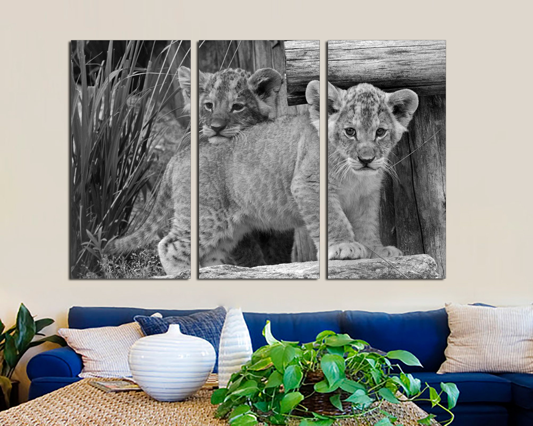 3 Panel Canvas Split Lion Cubs canvas art lion print | Etsy