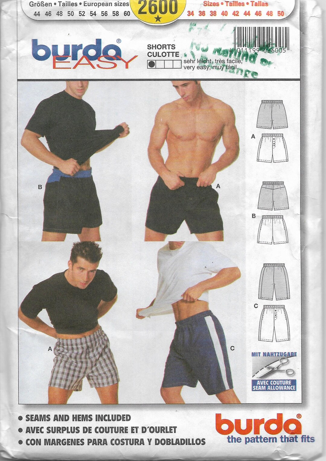 Burda 2600, Men Boxer Shorts, Semi Fitted Waist, Shorts, Sports Shorts ...