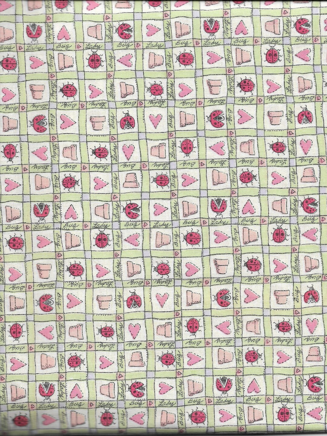 New Lady Bug Block Toss With Flower Pots and Hearts 100% Cotton Fabric ...