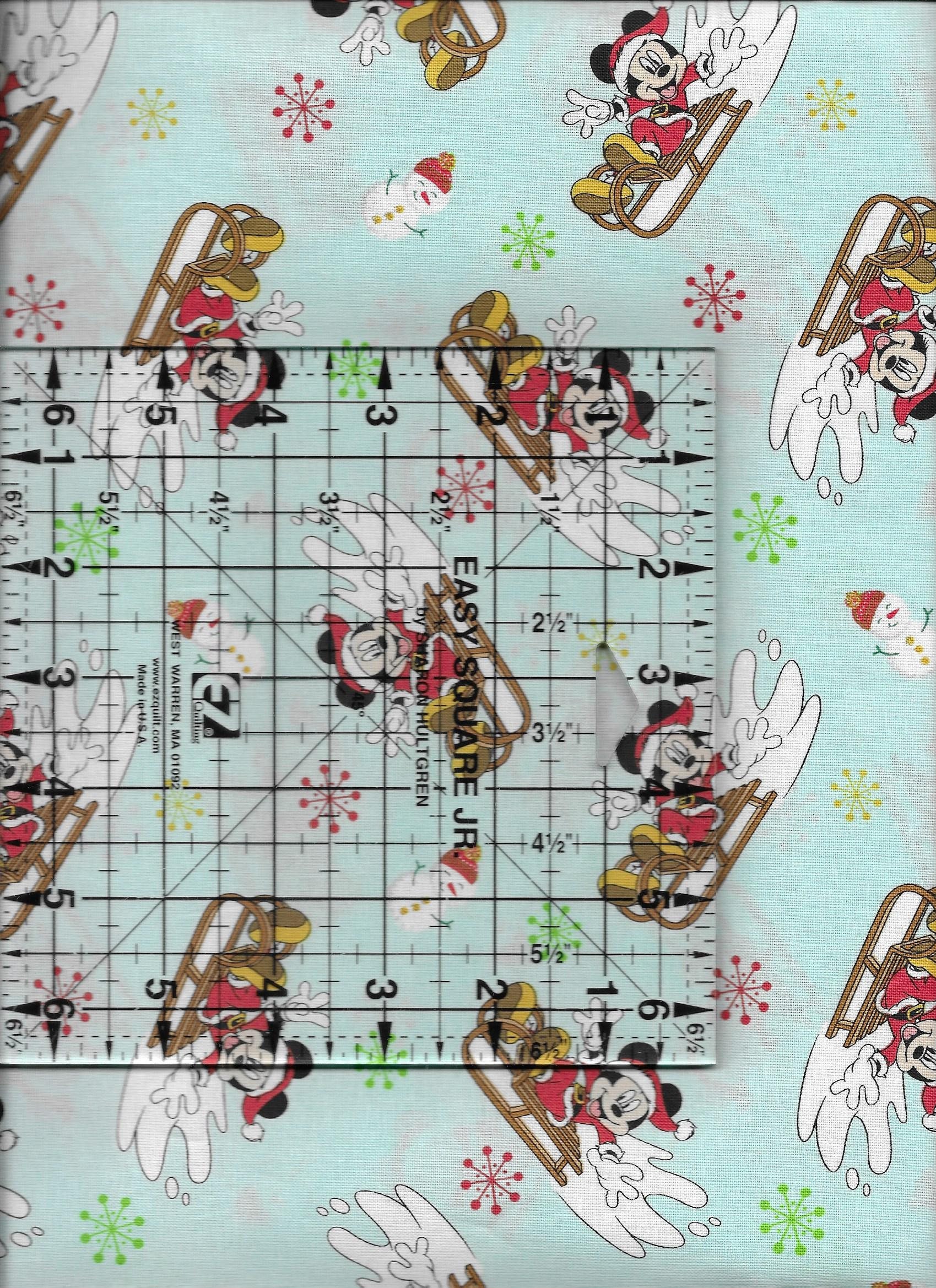 New Mickey Mouse Sled Toss With Snowman & Snowflakes 100% Cotton Fabric ...