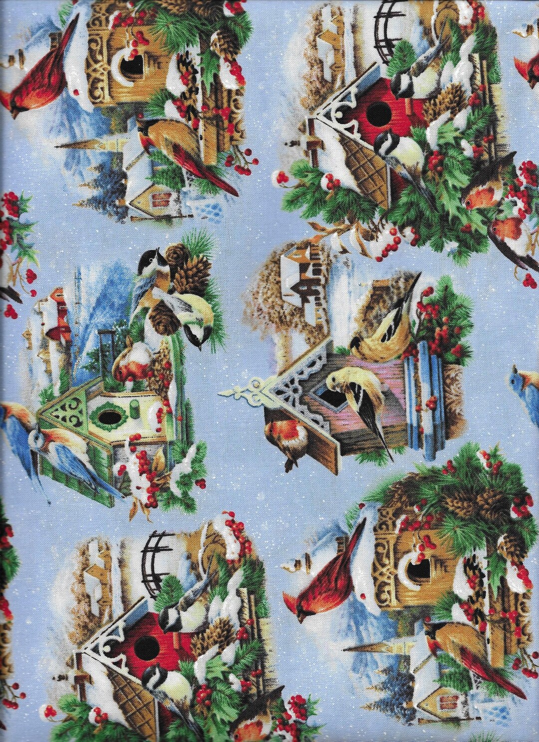 New Winter Song Bird House Scenic With Birds on Blue Cotton Fabric by ...