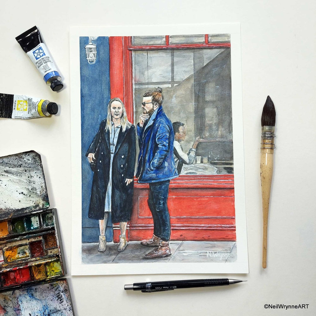 Watercolour Cafe Scene Painting the Red Cafe Couple Cafe - Etsy