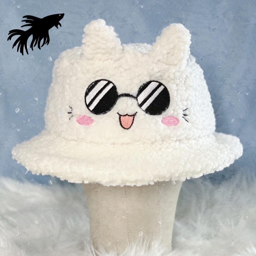Gojo Cat Bucket Hat - Anime Bucket Hat - Soft Fluffy White Bucket Hat ...