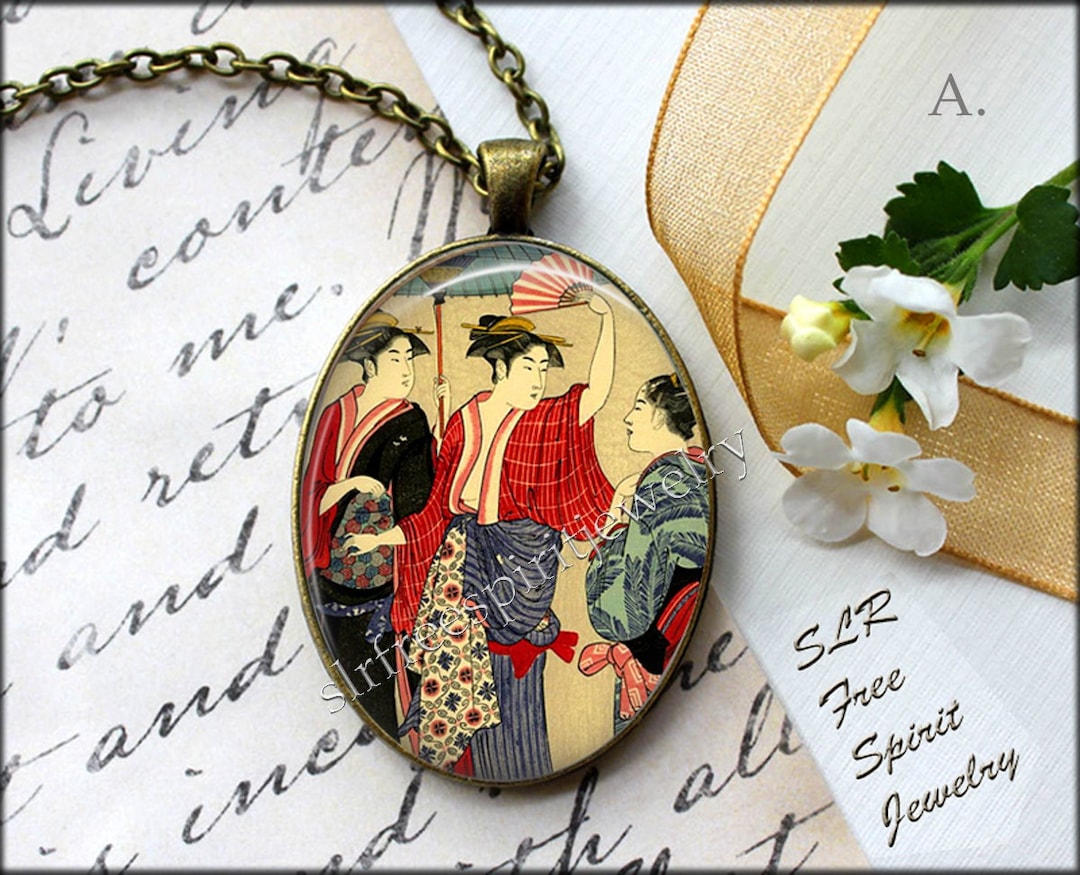 Japanese Woodcut Brooch, Geisha Women Oval Brooch, Large Pin, Japanese ...