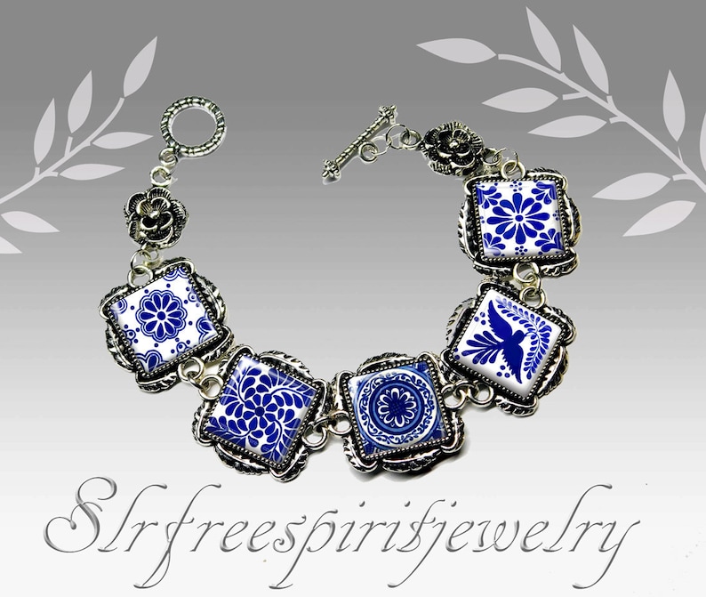 Tile Design Link Bracelet, Silver Plated, Ethnic Accessory, Blue and ...