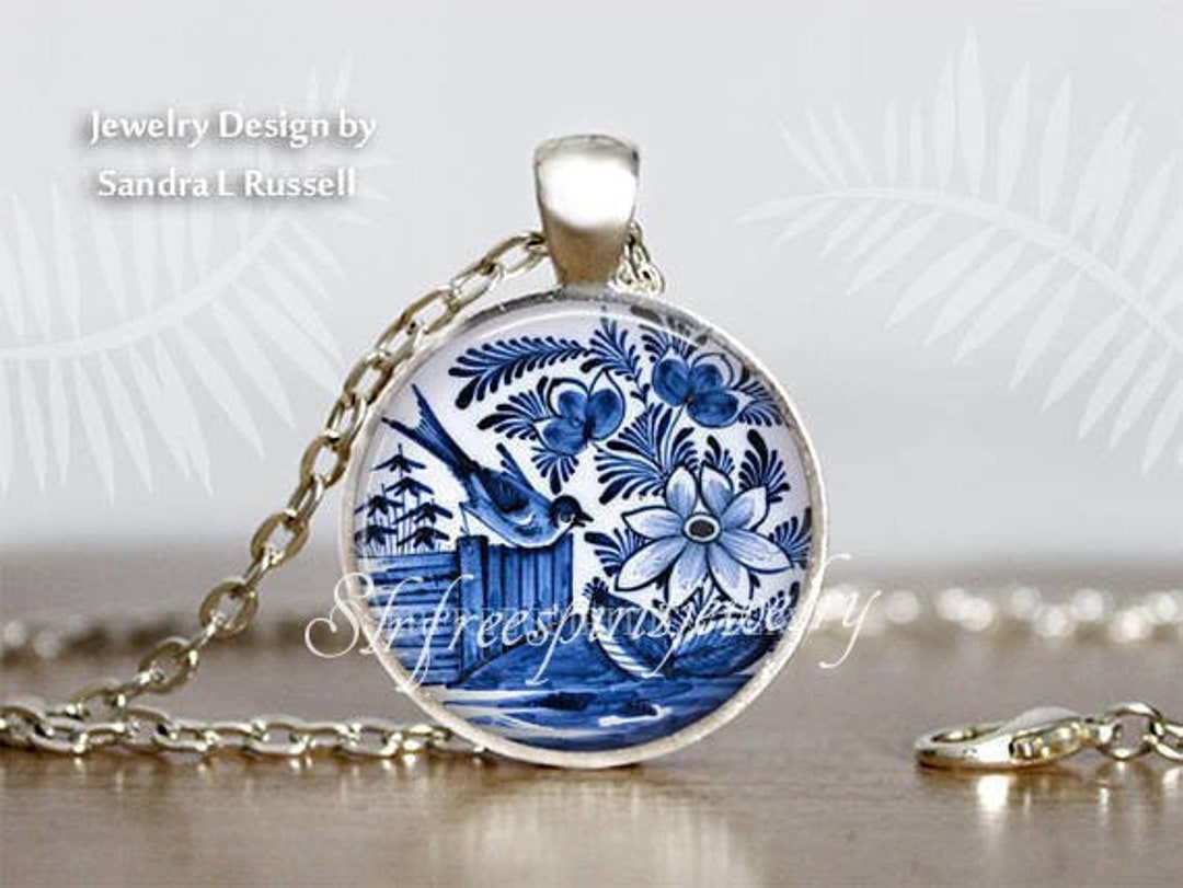 Blue Bird Delft Style Necklace, Silver Plated Photo Cabochon Jewelry - Etsy